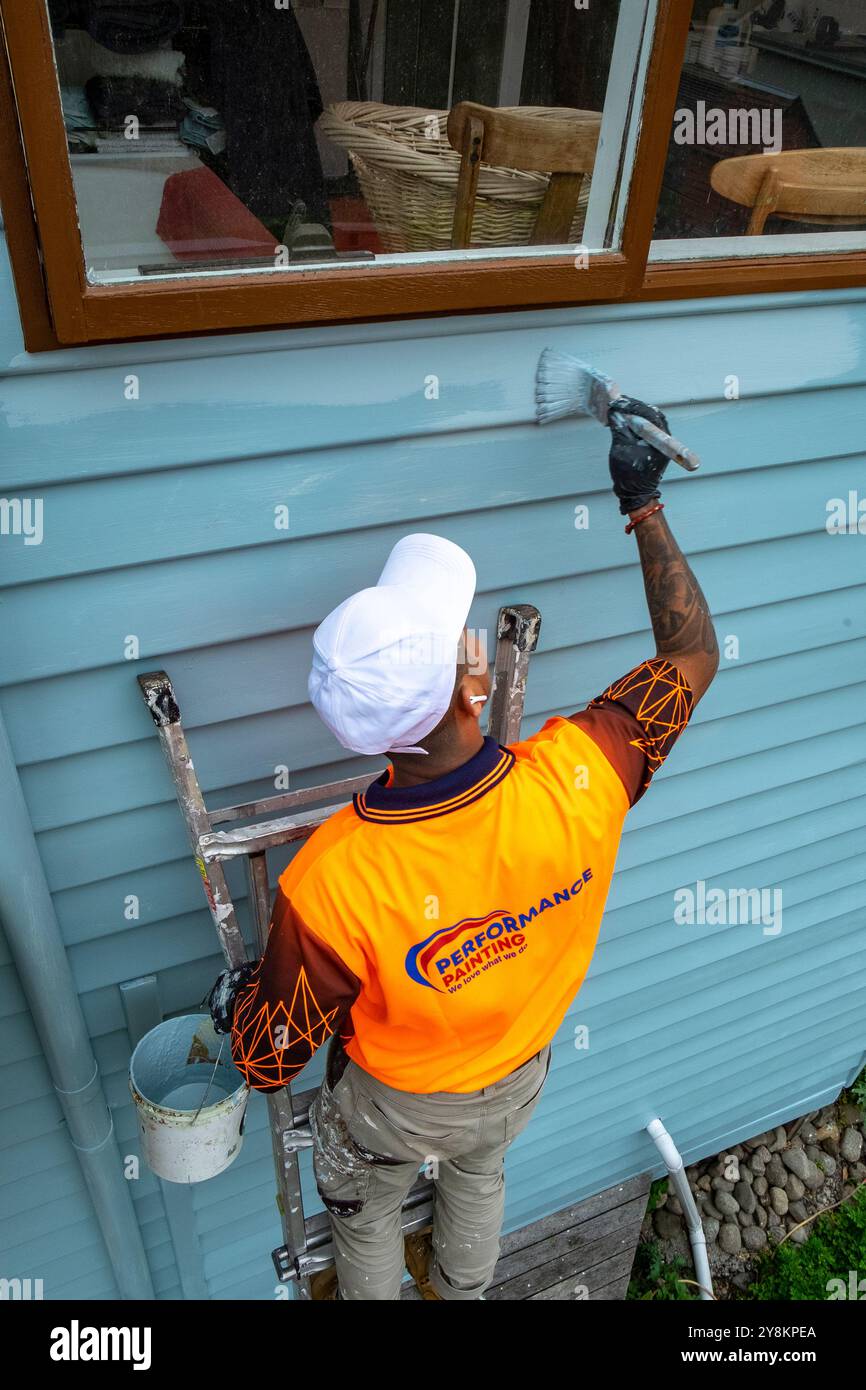 Painter on a ladder painting an old timber/weatherboard house Stock ...