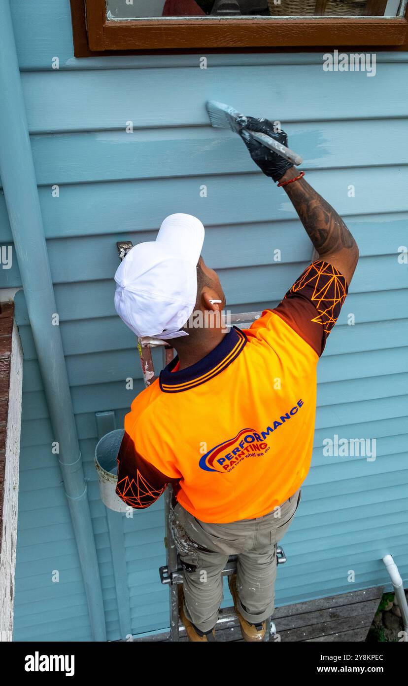 Painter on a ladder painting an old timber/weatherboard house Stock ...