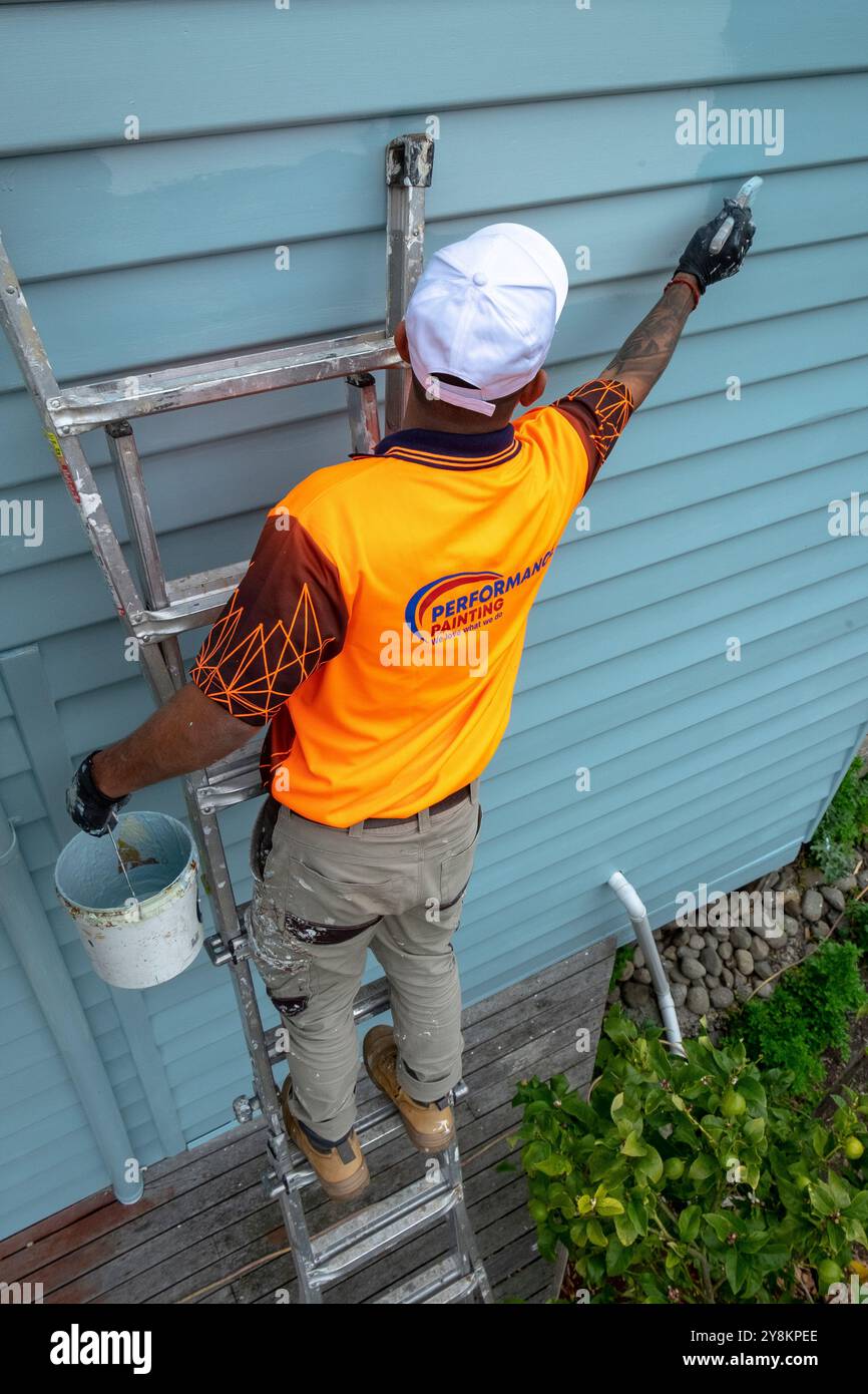Painter on a ladder painting an old timber/weatherboard house Stock ...