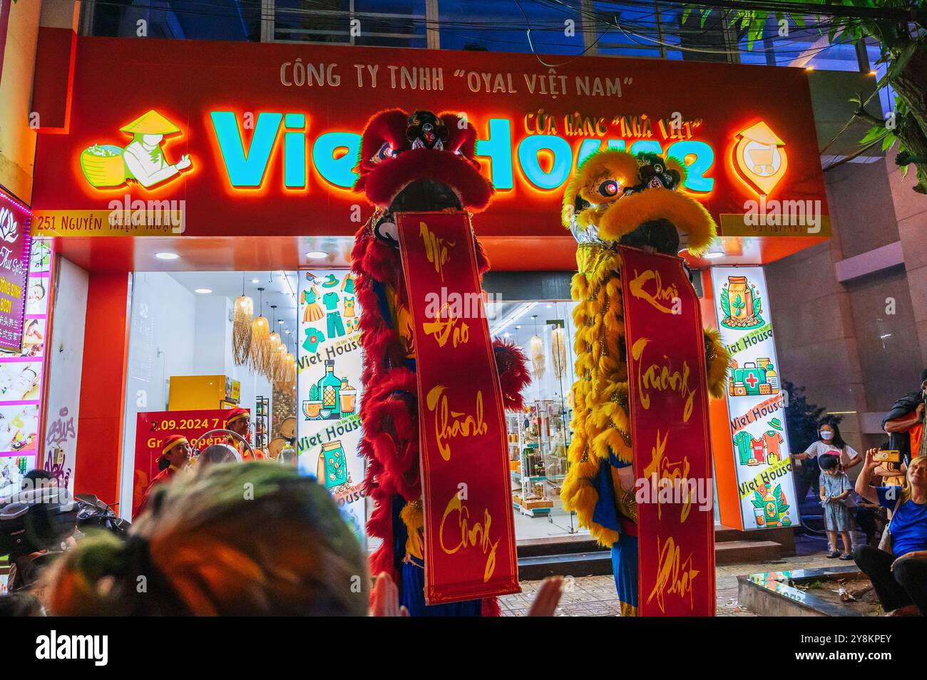 Asian Vietnamese festive costume dragon show on the street at the ...