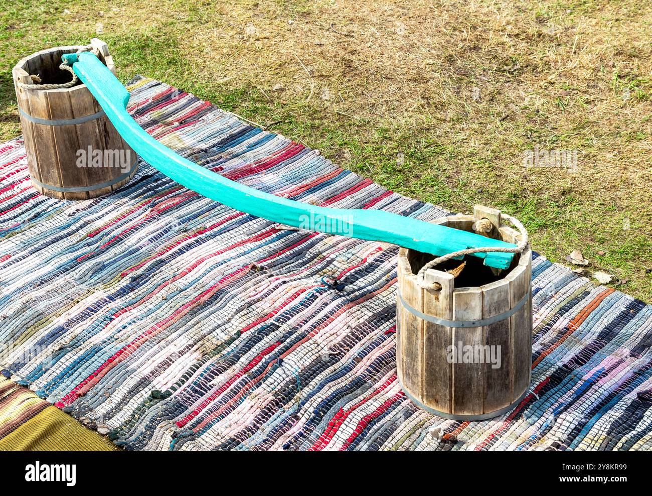 Wooden buckets for water and shoulder yoke for carrying them Stock ...