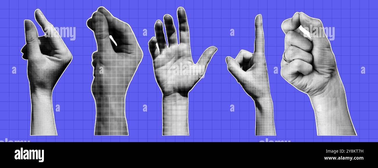 Set of retro halftone human hands gestures. Vector elements in pop art ...