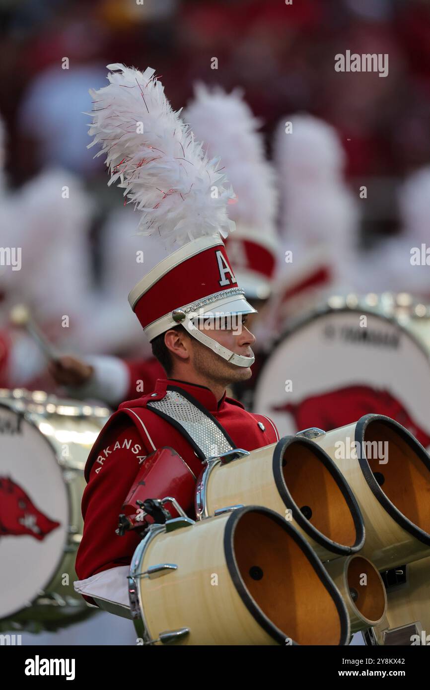 October 5, 2024: A member of the Razorback marching band prepares to ...