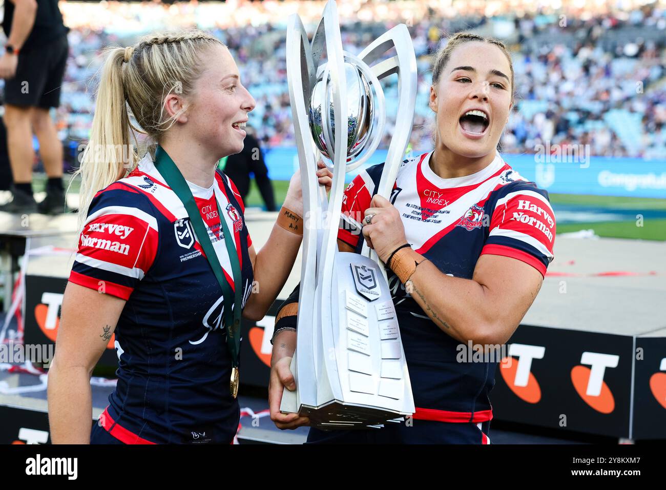 SYDNEY, AUSTRALIA - OCTOBER 06: Isabelle Kelly of the Roosters holds ...