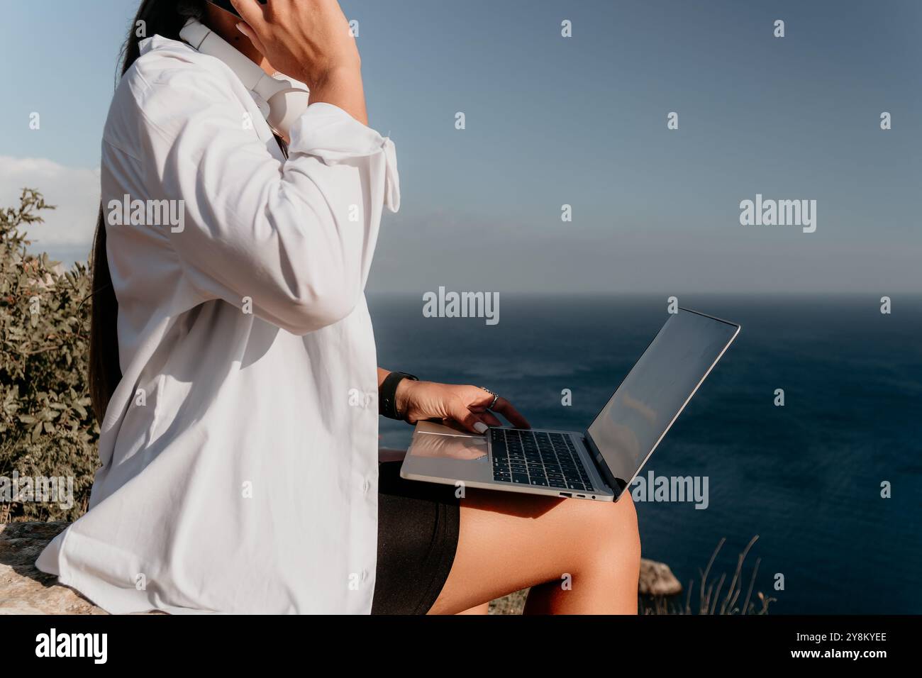 Woman Laptop Ocean - Working Remotely on Cliffside with Stunning View ...