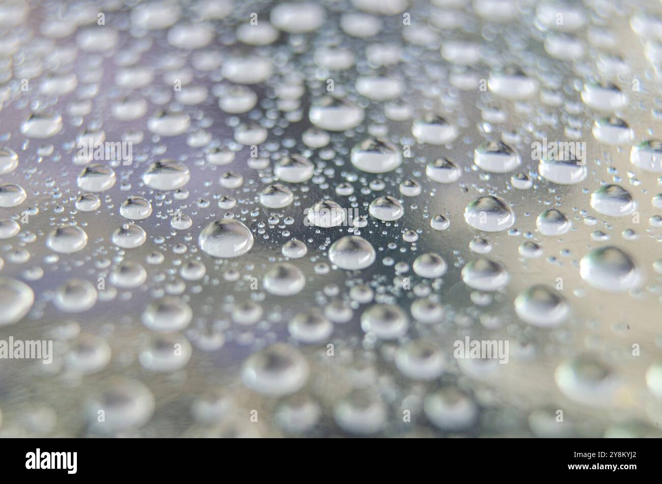 Macro view of raindrops on a transparent window. Rain droplet concept ...