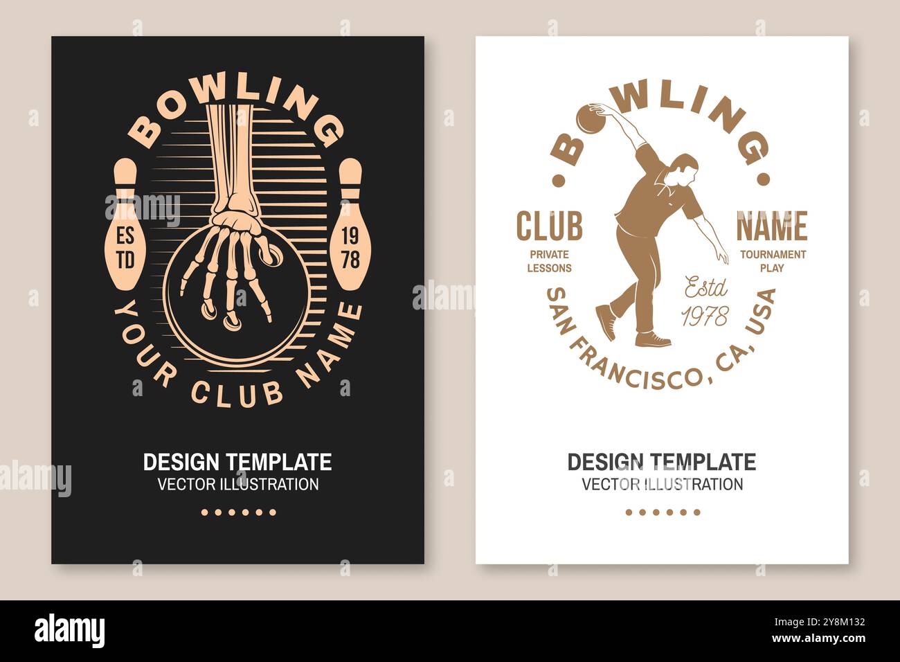 Bowling sports club poster. Vintage design with athlete, bowling pins ...