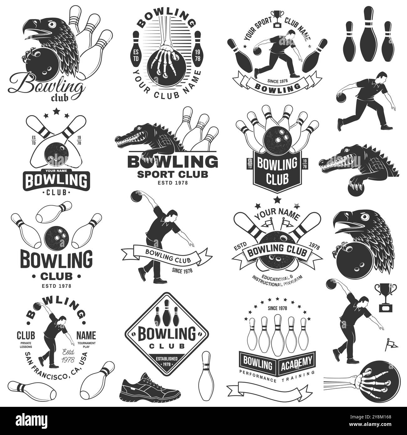 Set of Bowling sports club logo, badge design. Vintage design with ...