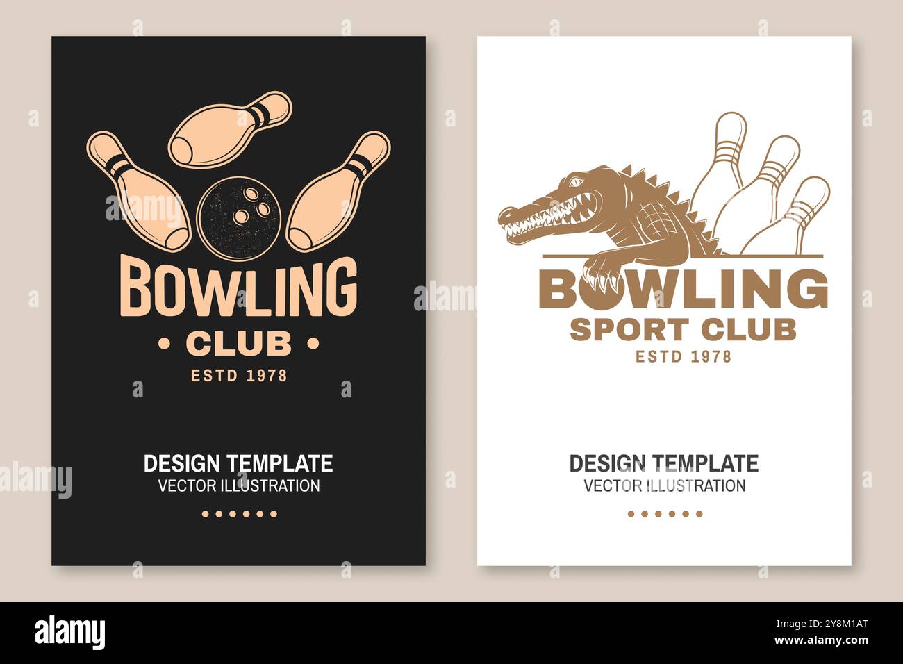 Bowling sports club poster. Vintage design with crocodile and bowling ...