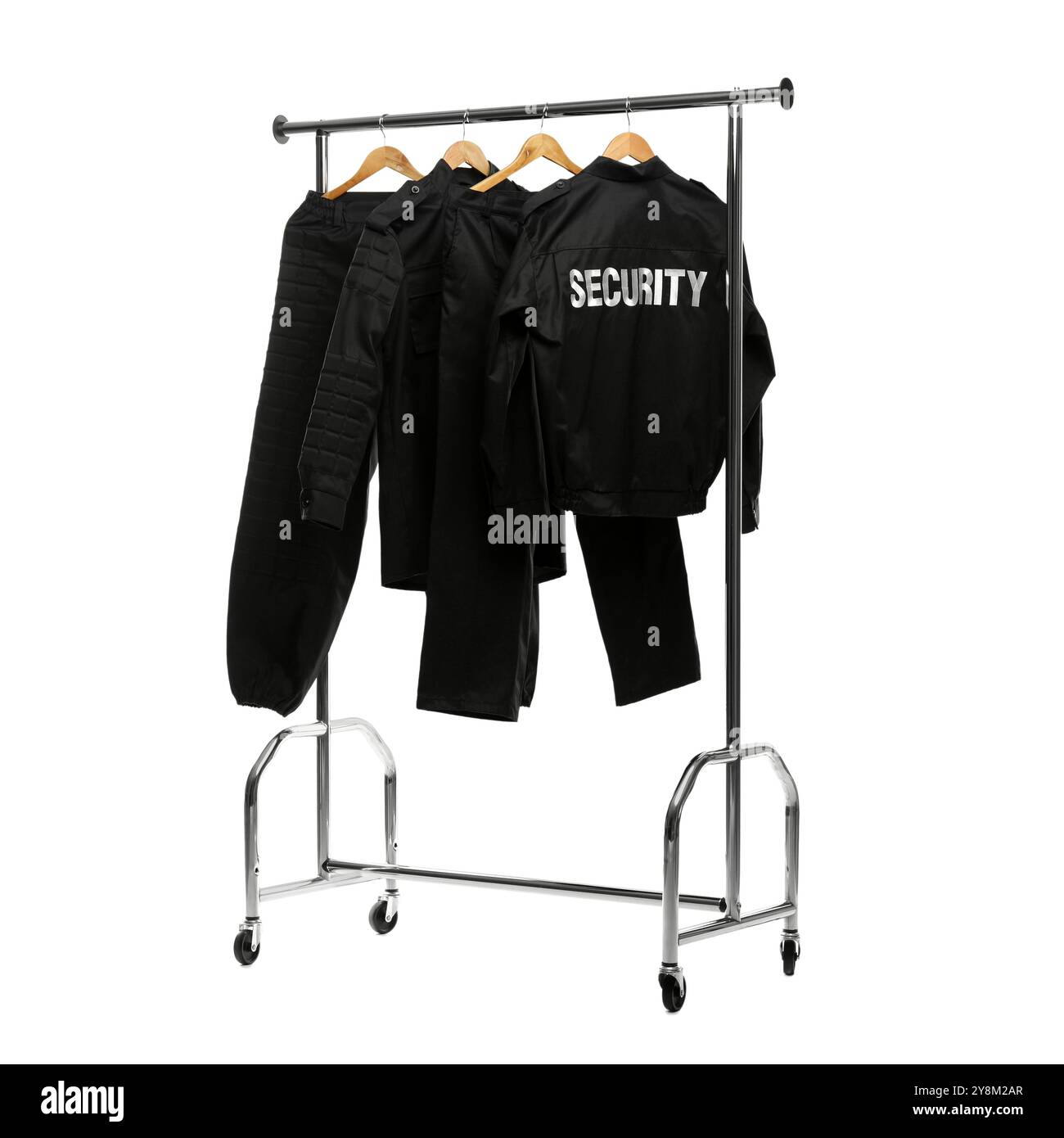 Security guard's uniform on clothing rack isolated on white Stock Photo ...