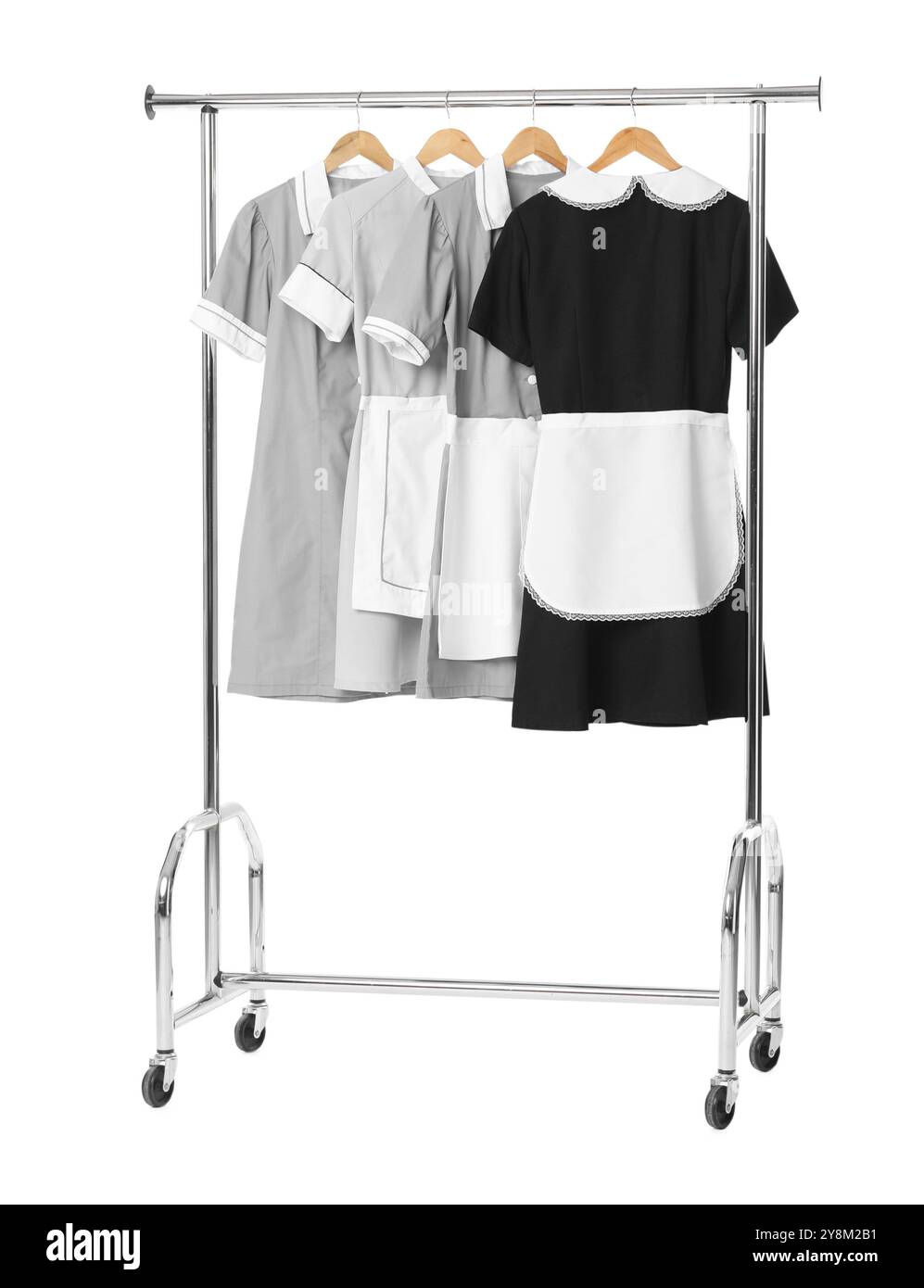 Maids' uniforms on clothing rack isolated on white Stock Photo - Alamy