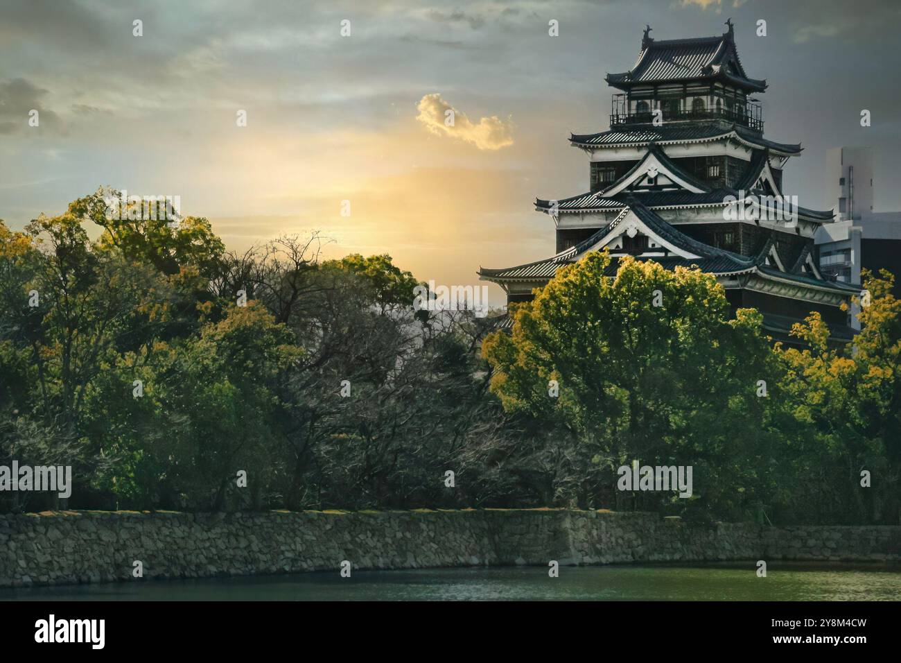 Hiroshima, Japan - 6th March 2018 - Hiroshima Castle, showcasing traditional architecture, was ...