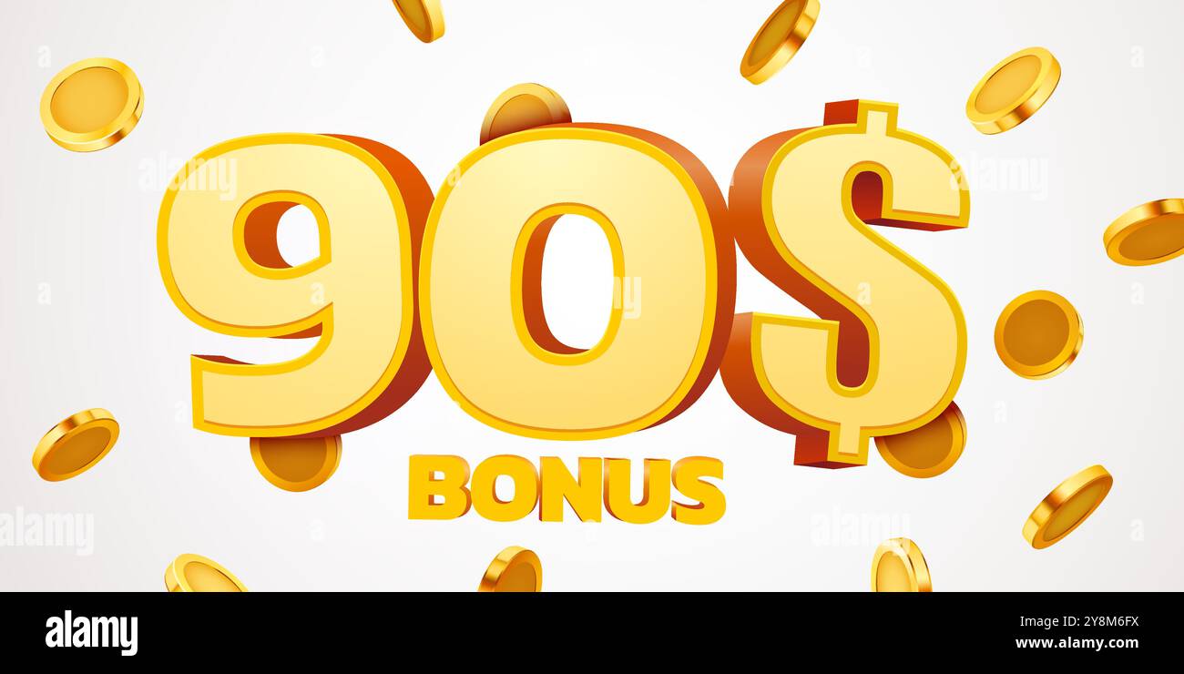 90 dollars bonus with podium and falling golden coins. Cashback or ...