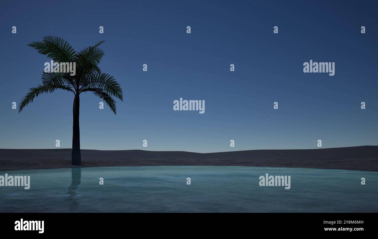 Night desert oasis palm tree water stars 3d render Stock Photo - Alamy