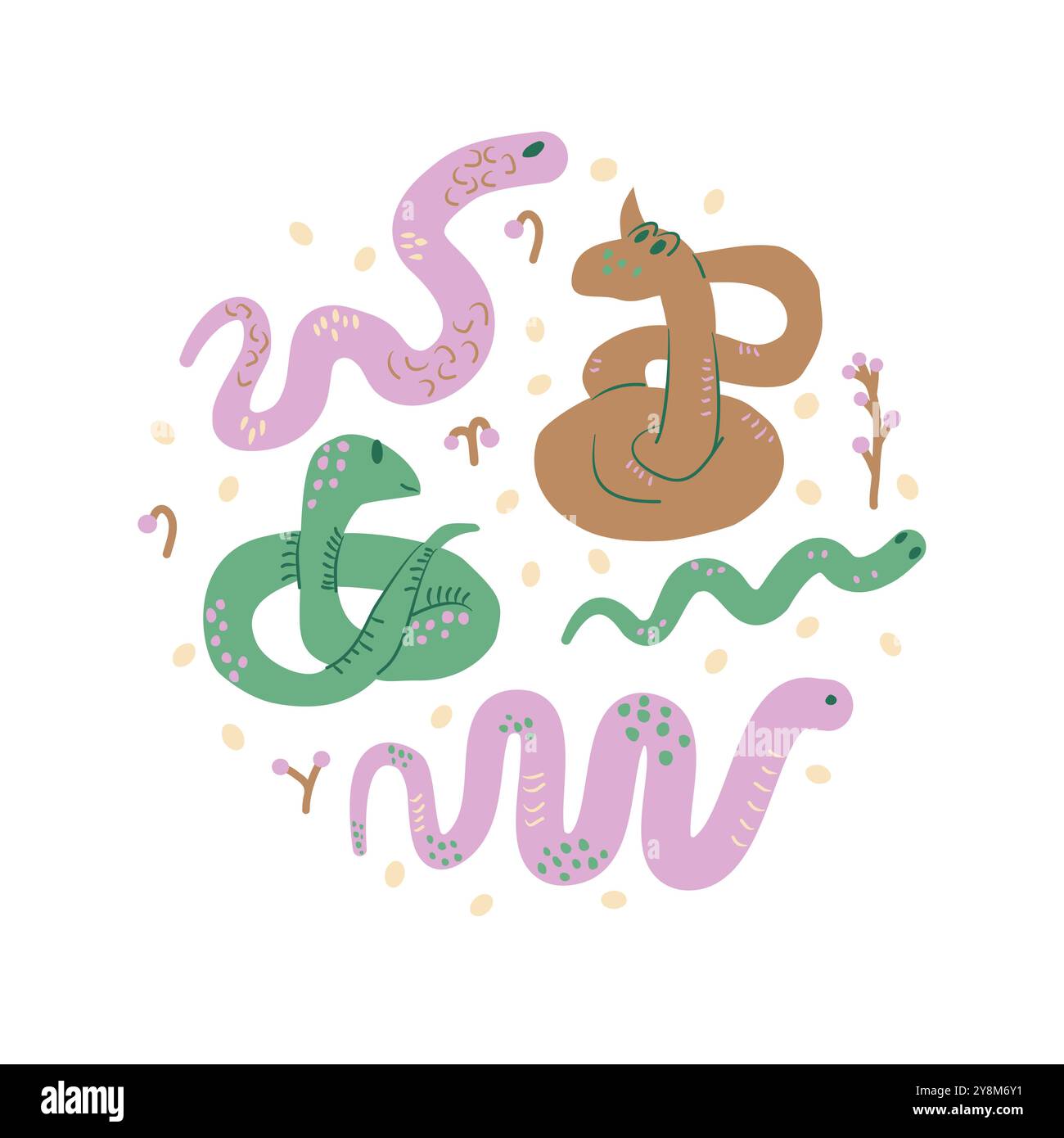 Chinese New Year snake circle emblem. Snakes round badge. Vector hand ...