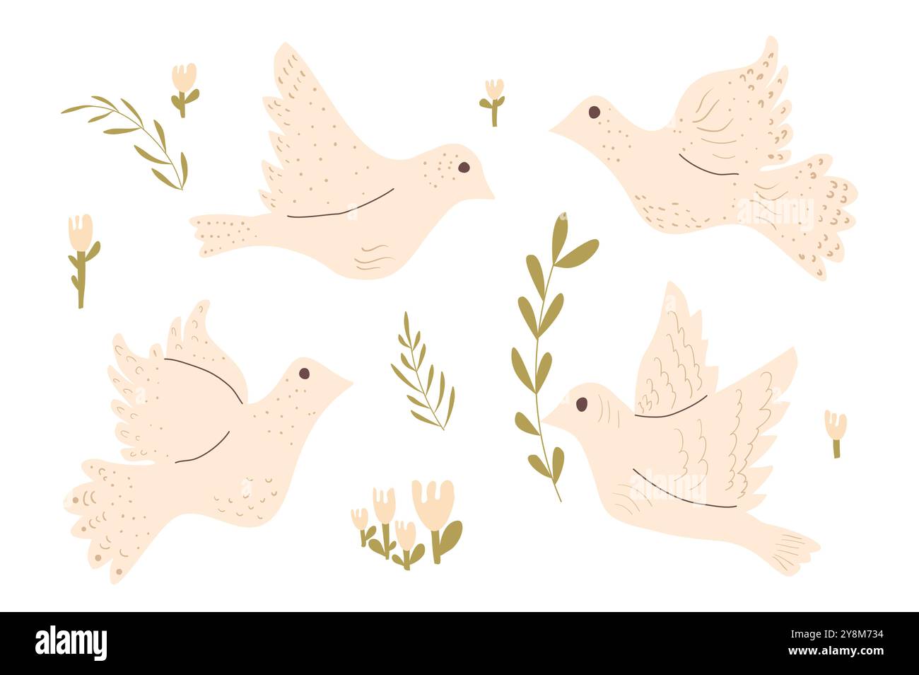 Doves of peace vector set. Flying pigeon holding an olive branch kit. Hand drawn flat birds ...