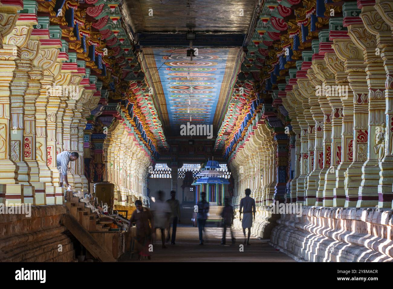 Colourfully painted pillars, temple hall, Ramanathaswami Temple ...