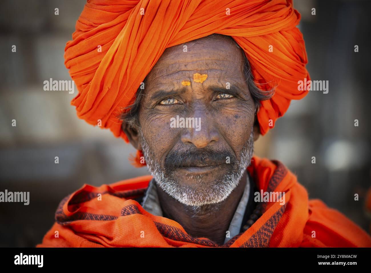 Man with orange turban and yellow bindi on his forehead, portrait ...