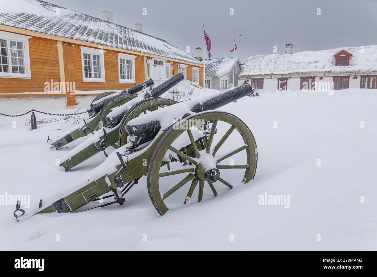 Historical cannons, building, war museum, snow, wind, snowstorm ...