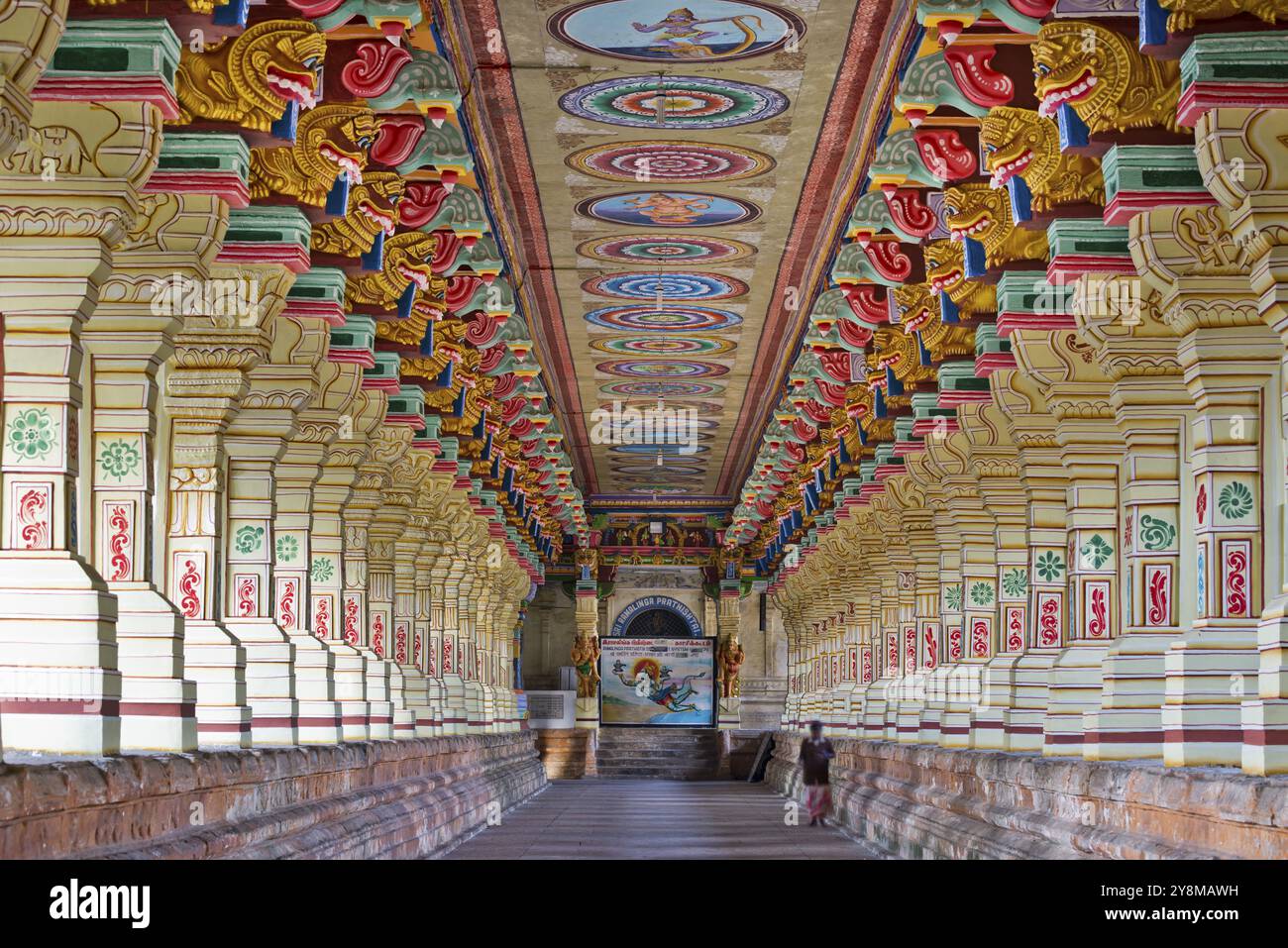 Colourfully painted pillars, temple hall, Ramanathaswami Temple ...