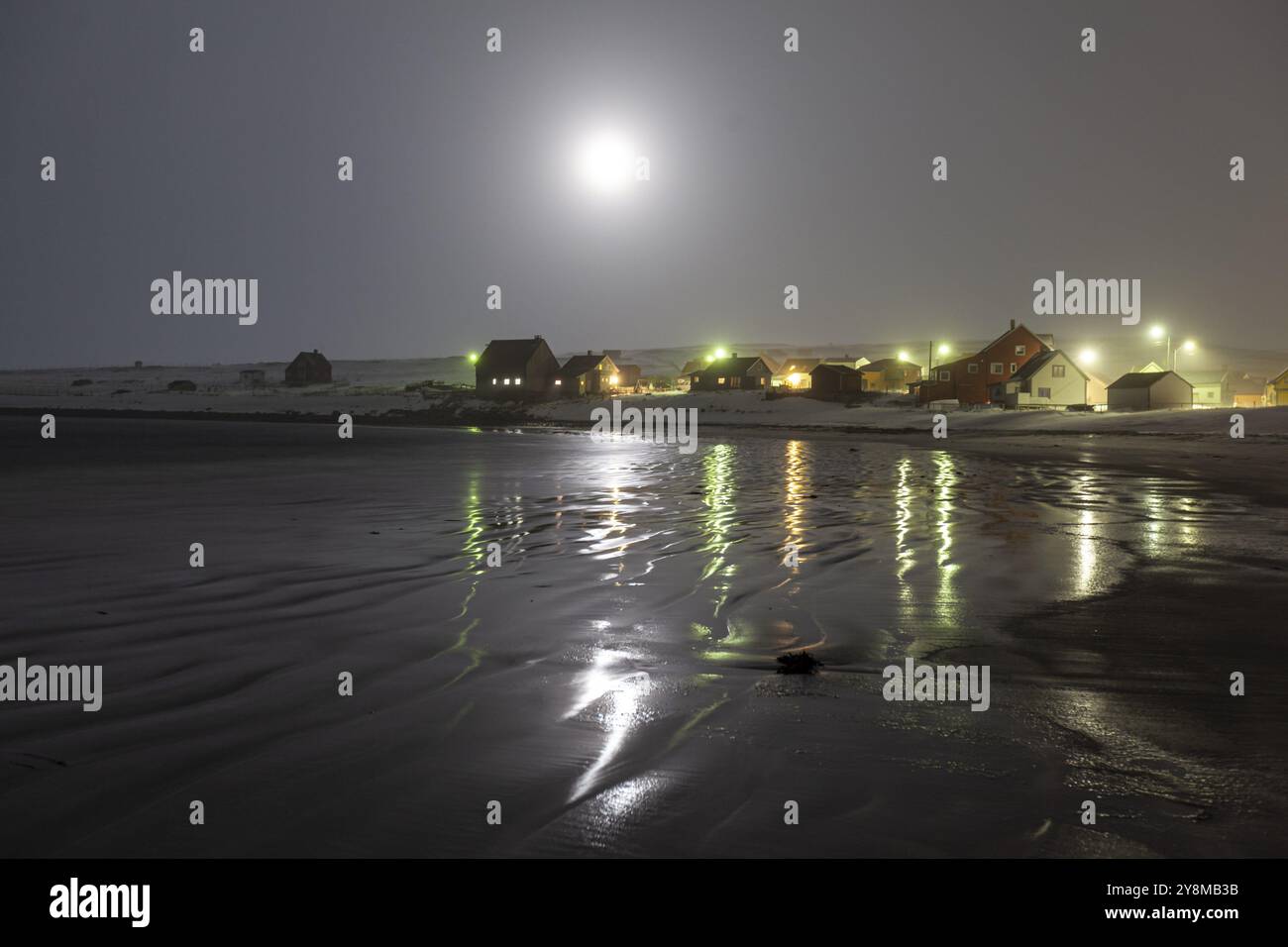Full moon, moonlight, village, houses, snow, sea, coast, winter ...
