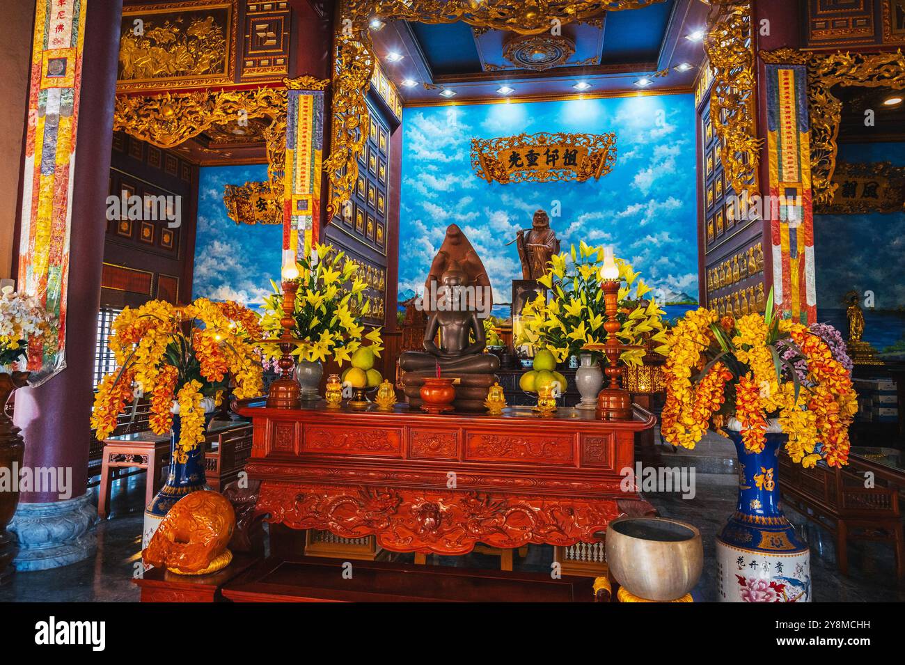 Interior inside the Buddhist temple in Asia in Vietnam in Da Nang at ...