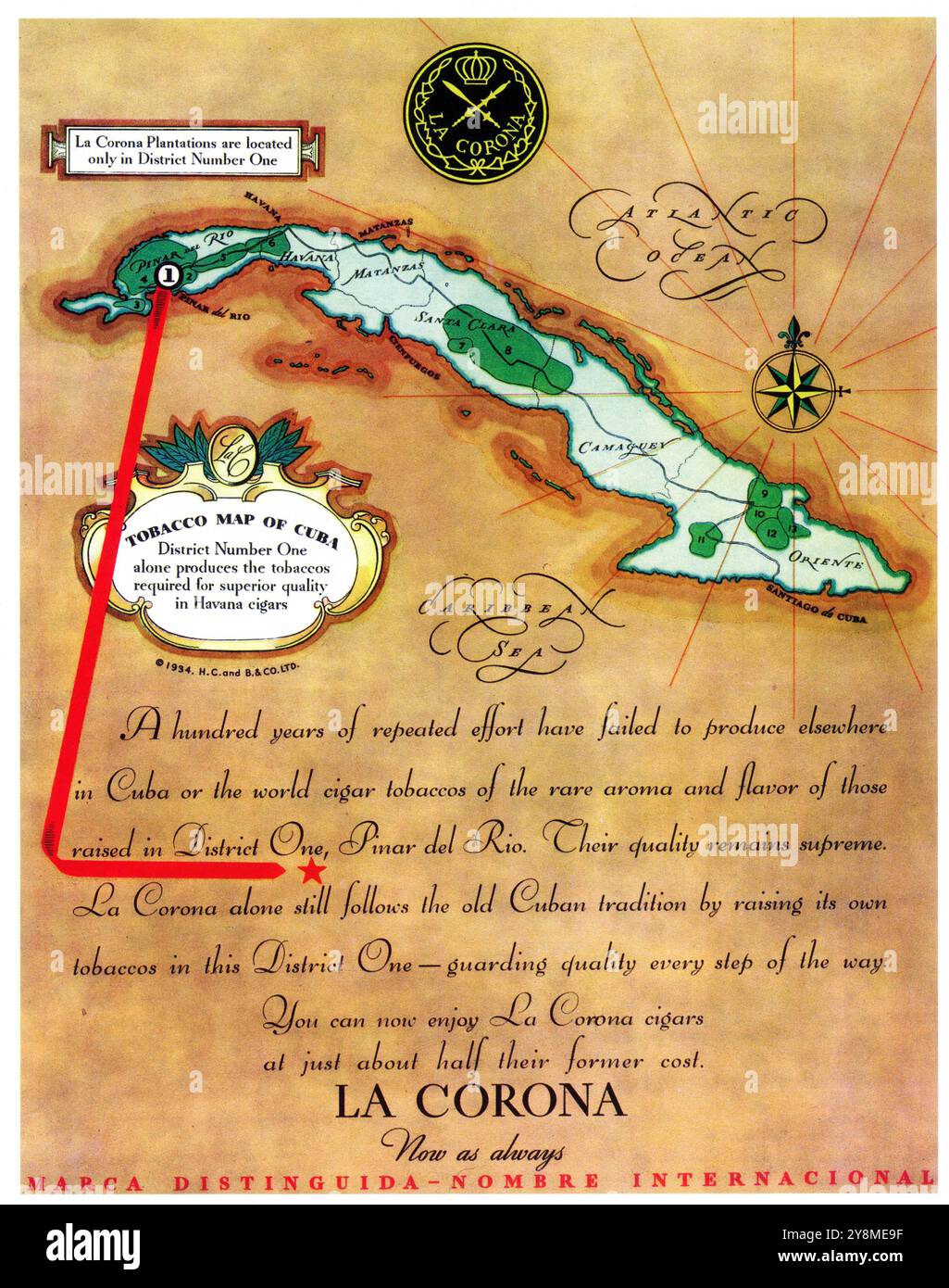 1934 La Corona cigars ad showing a map of tobacco-growing regions in ...