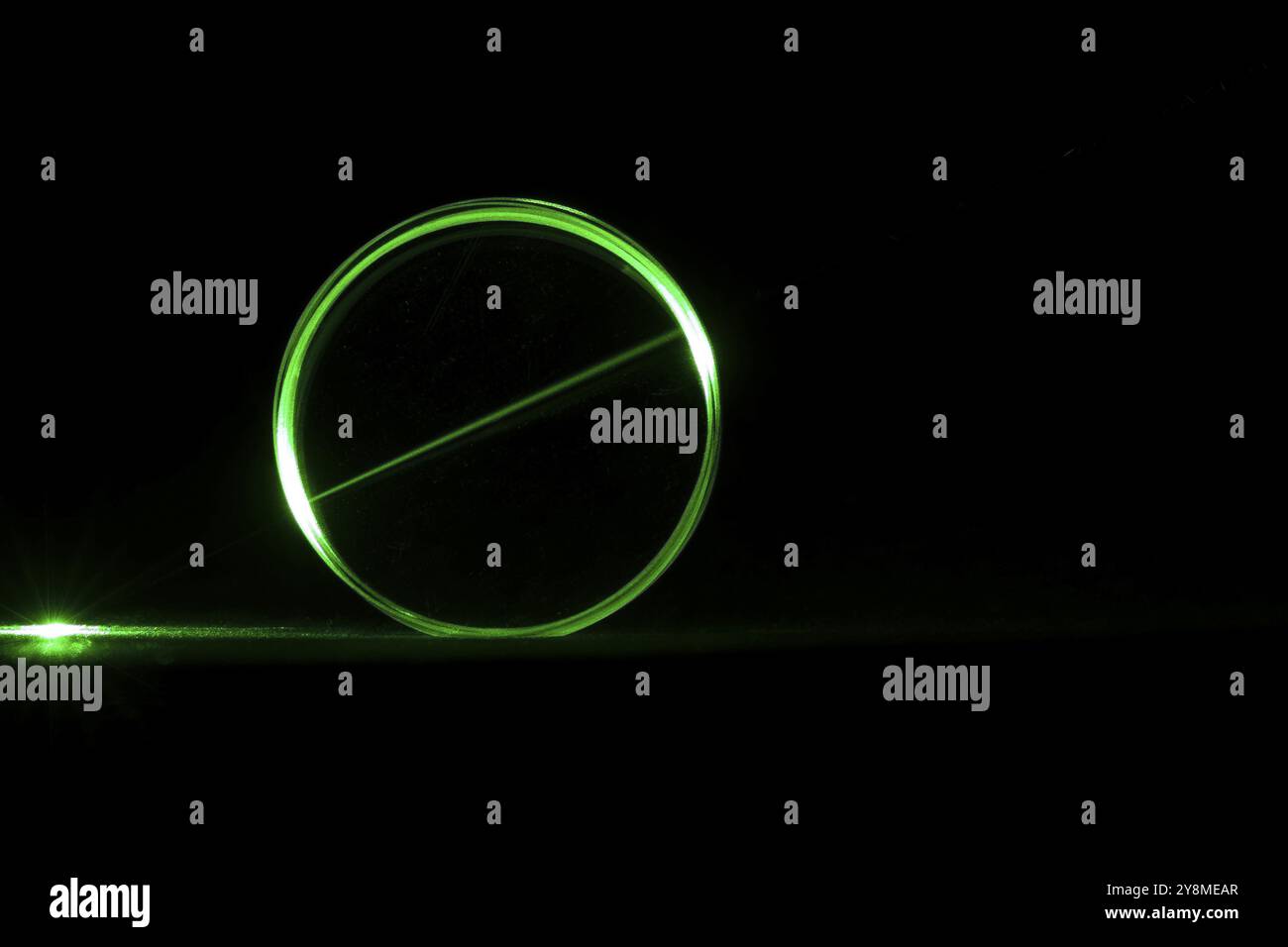A green laser beam breaks through a round glass prism Stock Photo - Alamy