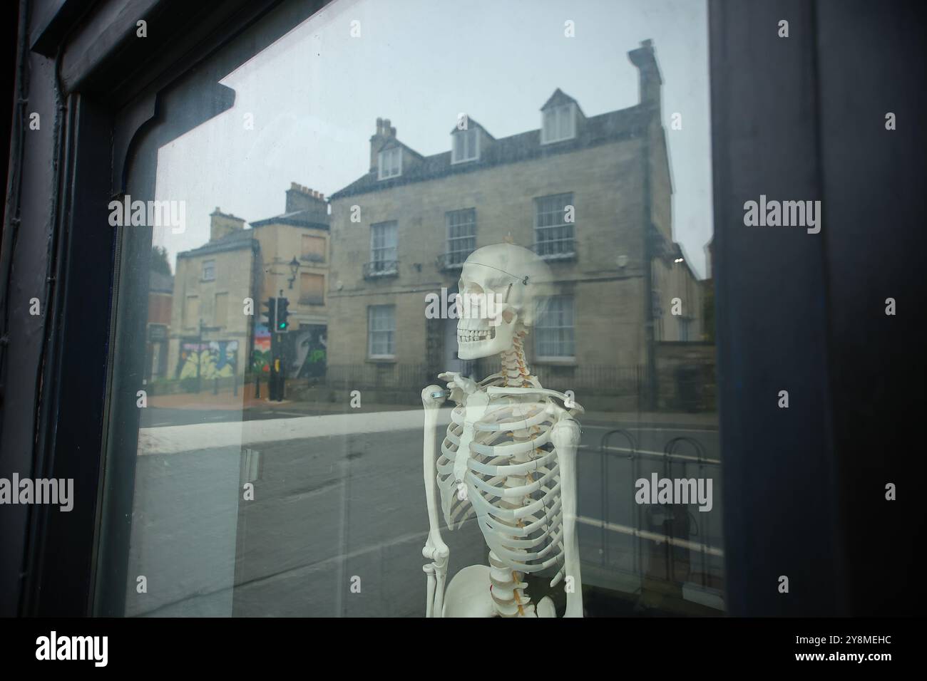 Skeleton in a glass window display getting ready for Halloween 2024 ...