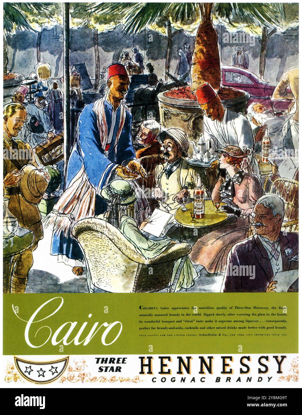 1934 Hennessy Cognac Brandy Ad with Street Side Restaurant in Cairo ...