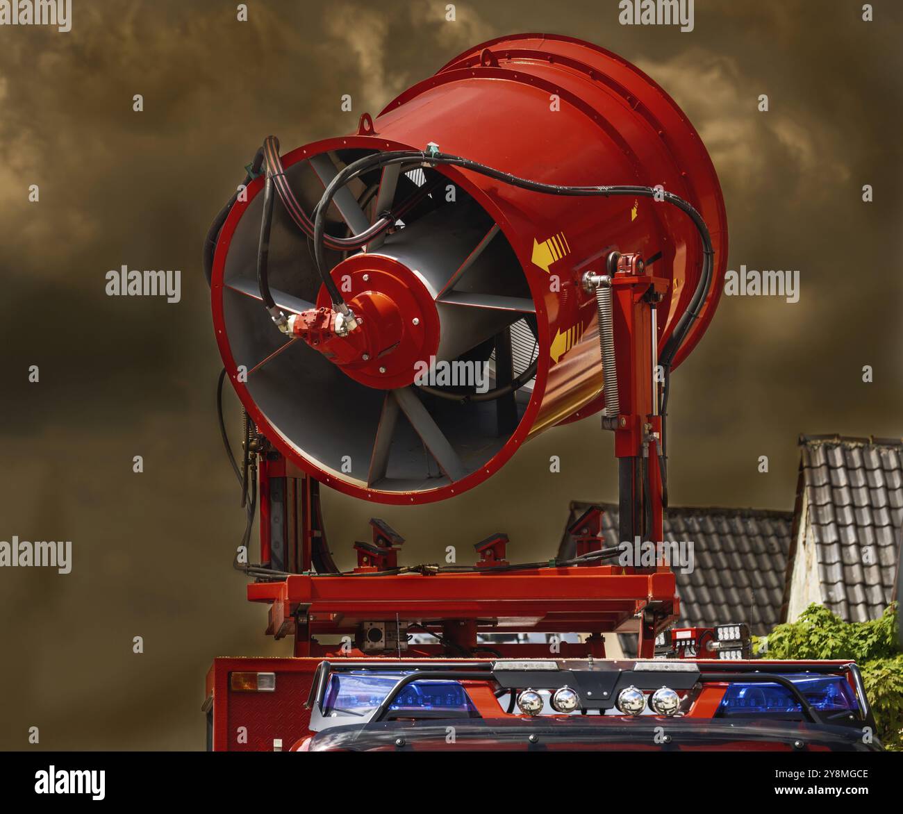 Red smoke exhaust fan on a fire truck Stock Photo - Alamy