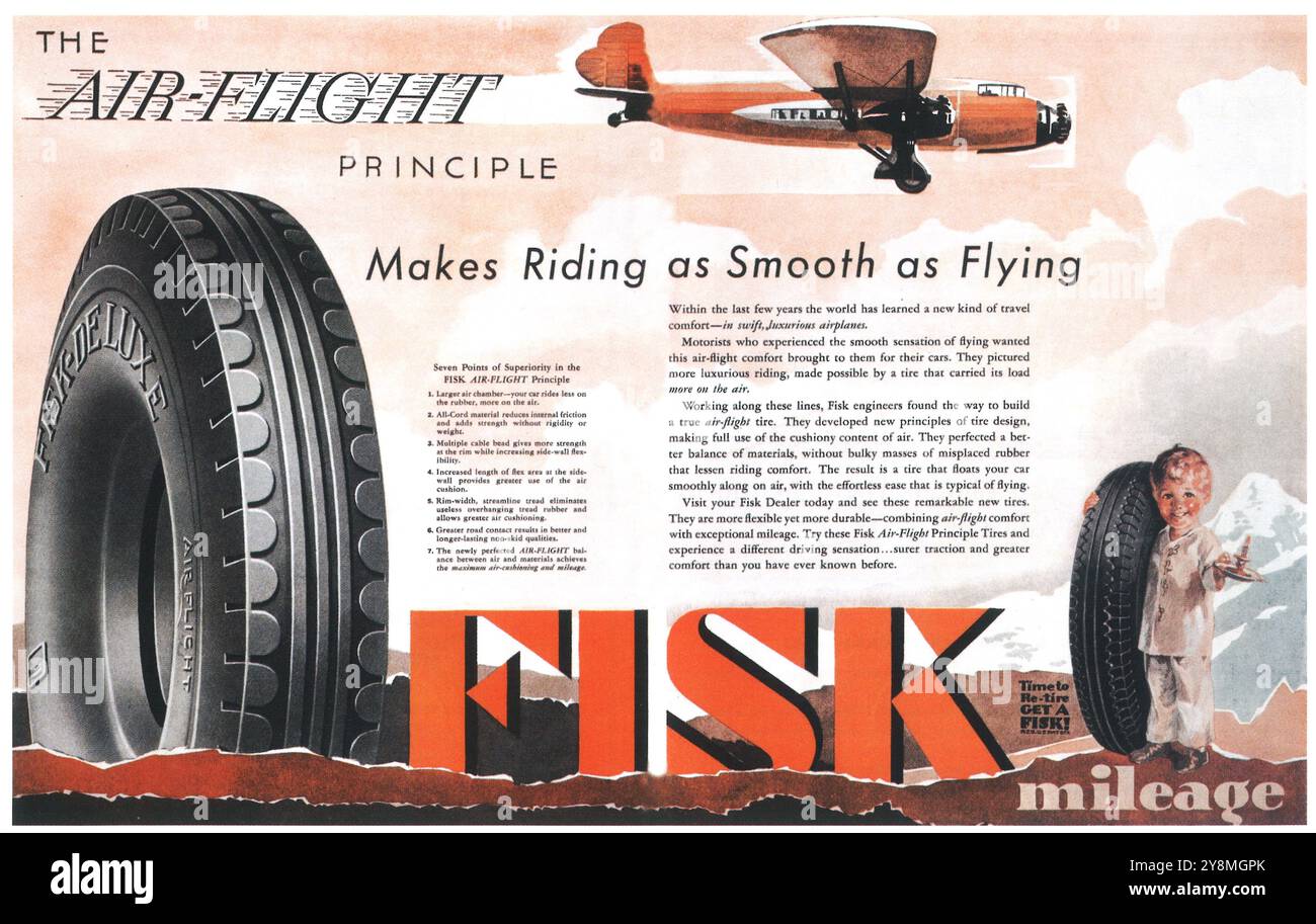 1930 Fisk tires ad - "Makes riding as smooth as flying Stock Photo - Alamy
