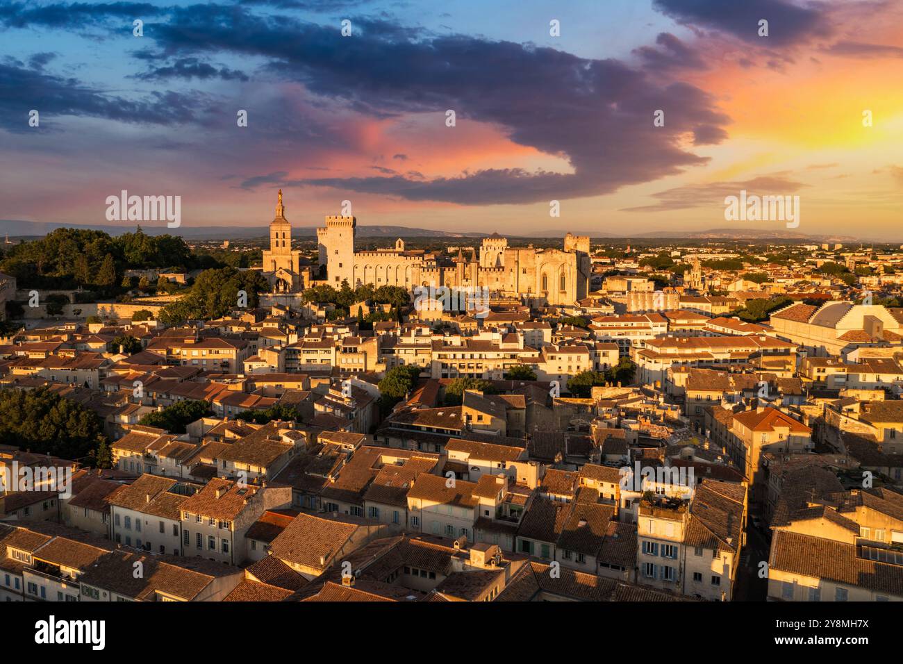 View of Avignon with Palais des Papes during sunset in Southern France ...