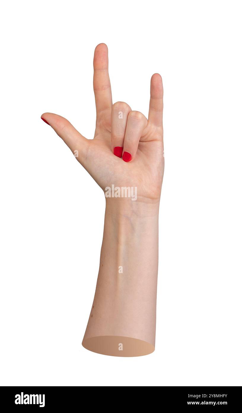 Woman s hand showing a rock and roll sign with red polished nails ...