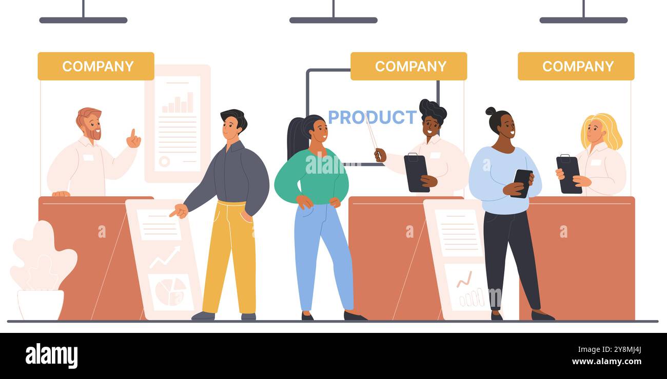 People visit business exhibition, public tradeshow event in expo center ...