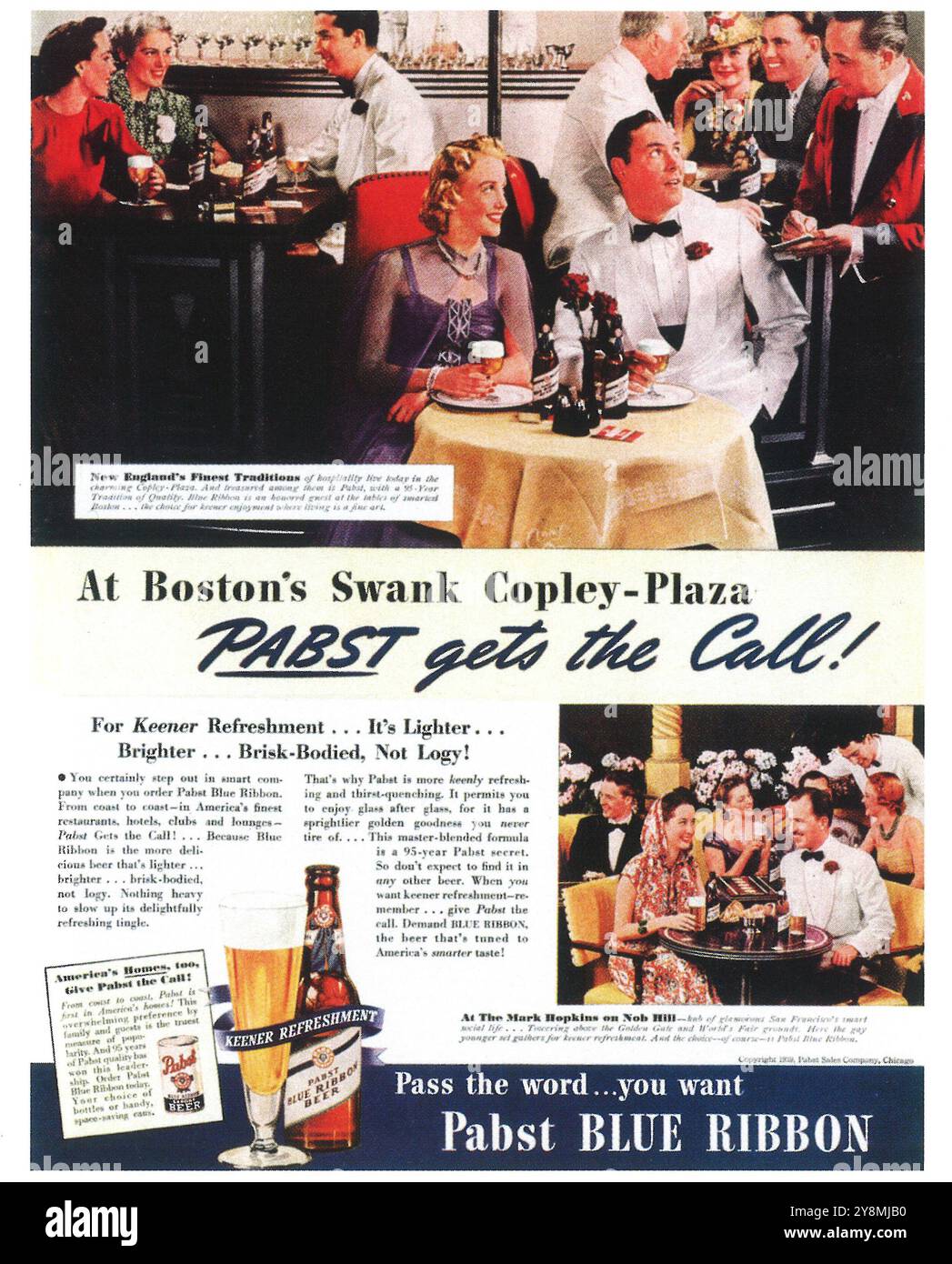 1939 Pabst Blue Ribbon PBR Beer Ad - At Boston Swank Copley Plaza Stock ...