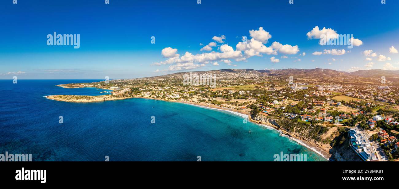 Aerial panoramic view of Coral bay beach, Cyprus. Overhead view of ...
