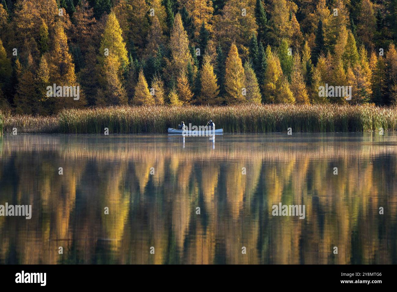 Prairie colors in fall yellow orange trees canoe calm Stock Photo - Alamy