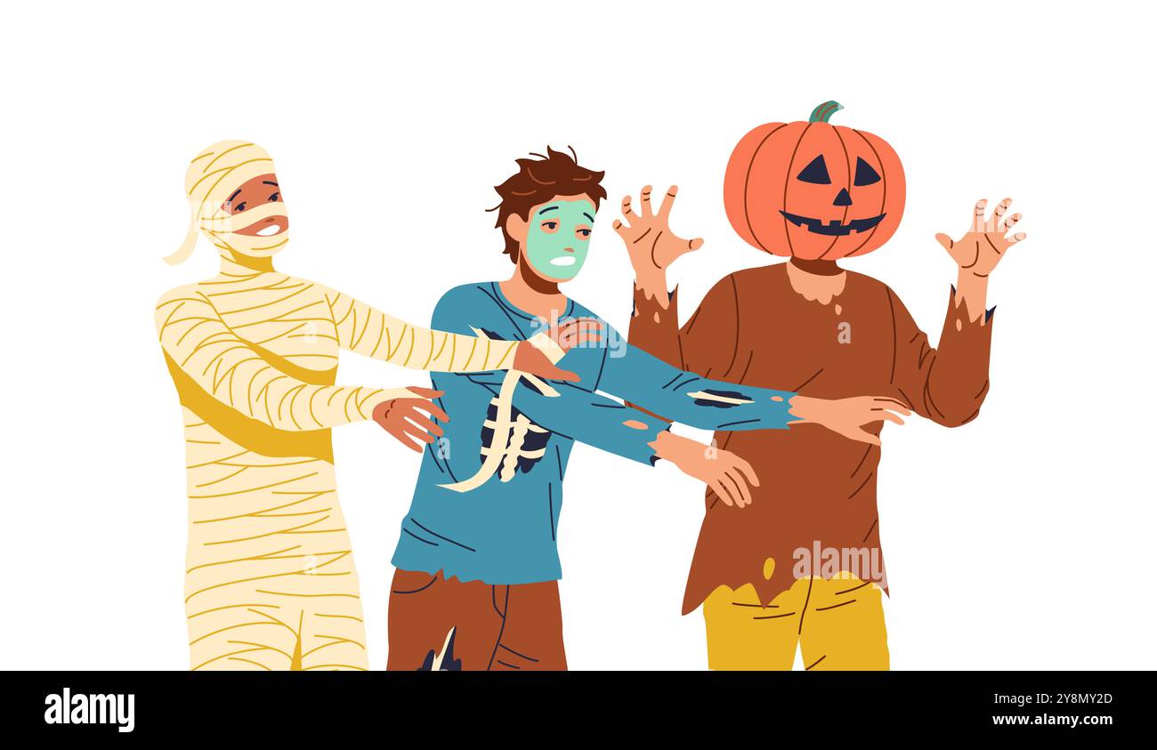 Friends in spooky costumes at Halloween party illustration Stock Vector ...