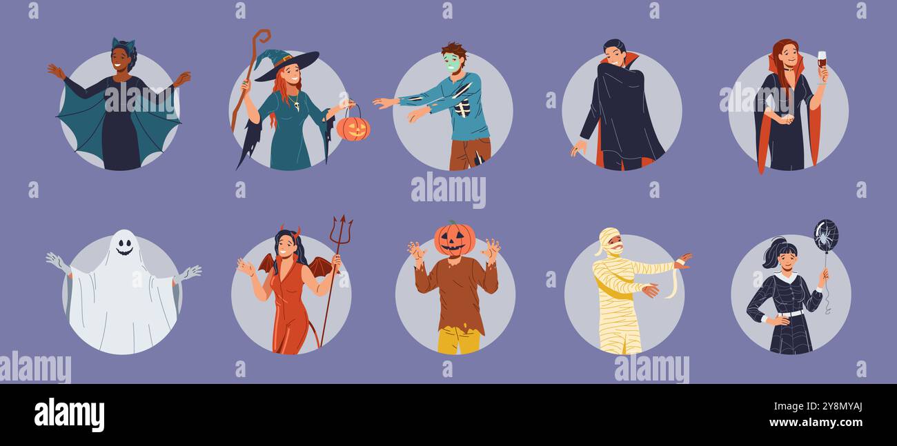 Group of people in Halloween costumes shows spooky gestures Stock ...