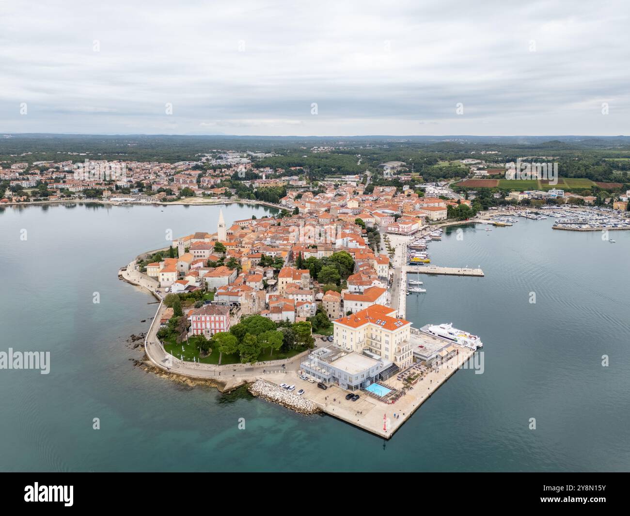Aerial drone photo of the coastal town named Porec. Porec is very ...