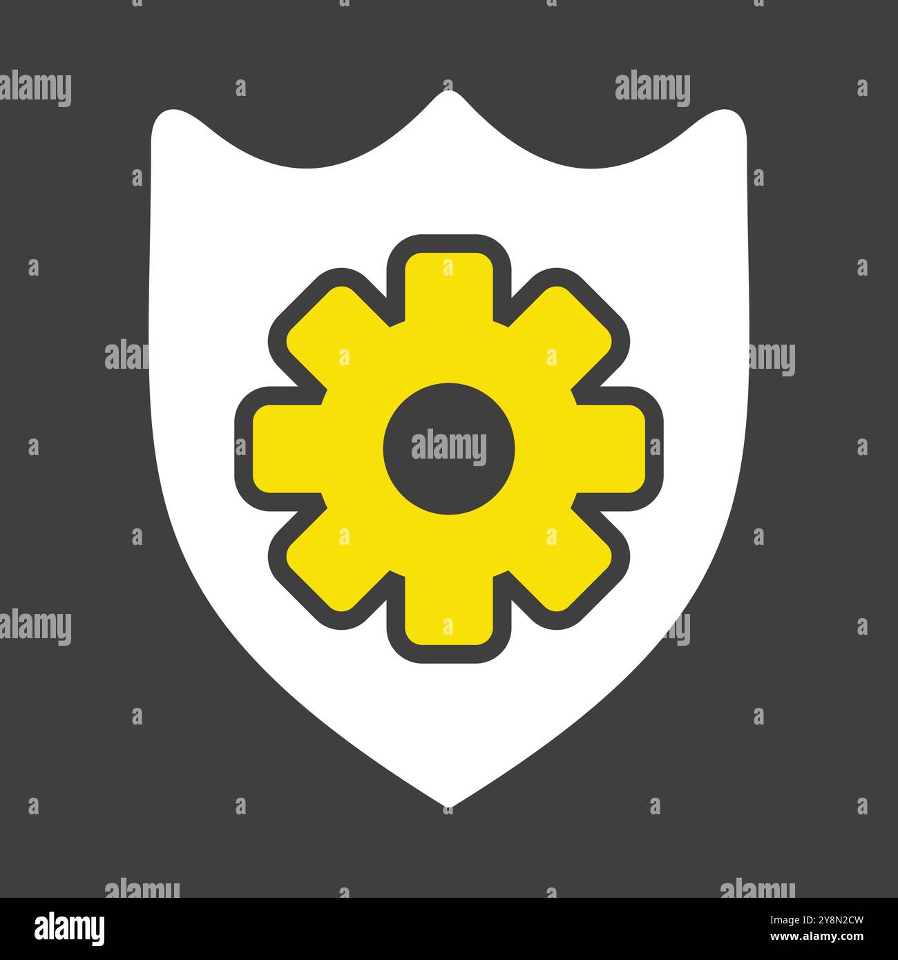 Shield with gear vector icon on dark background. Shield protection ...