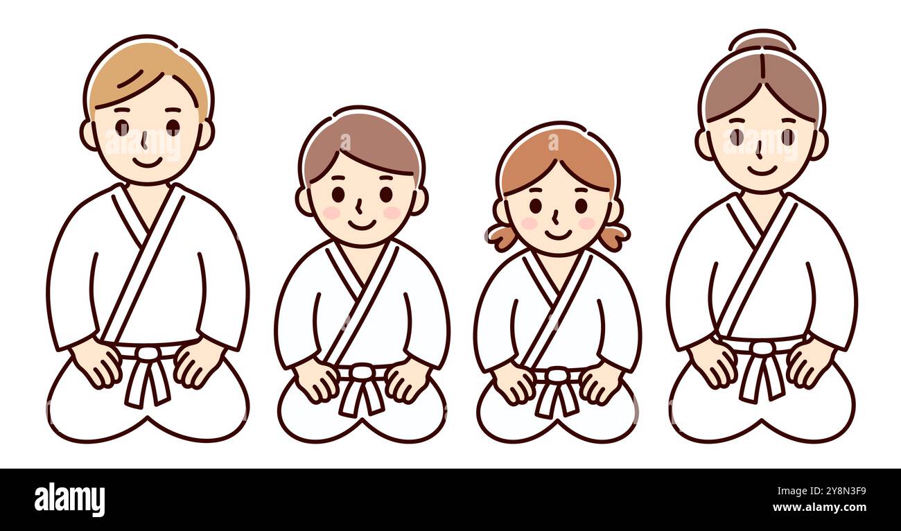 Cute cartoon kids and adults in martial arts uniform sitting on the ...
