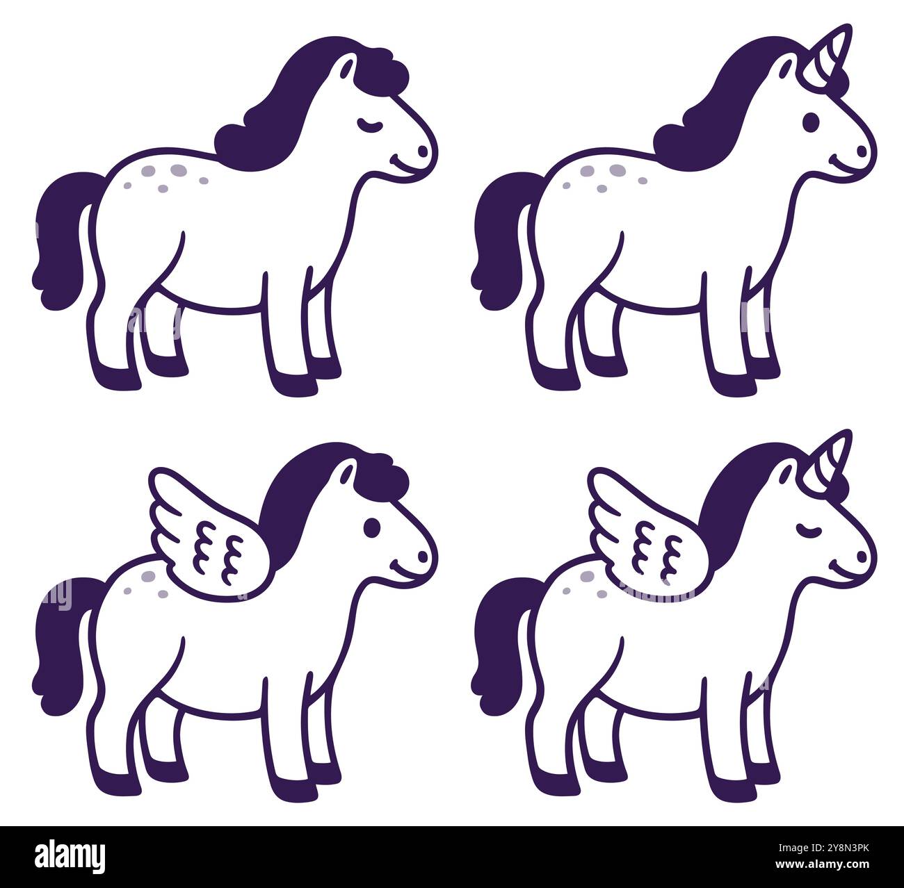 Cute cartoon little pony set. Normal horse, with wings (Pegasus), horn ...
