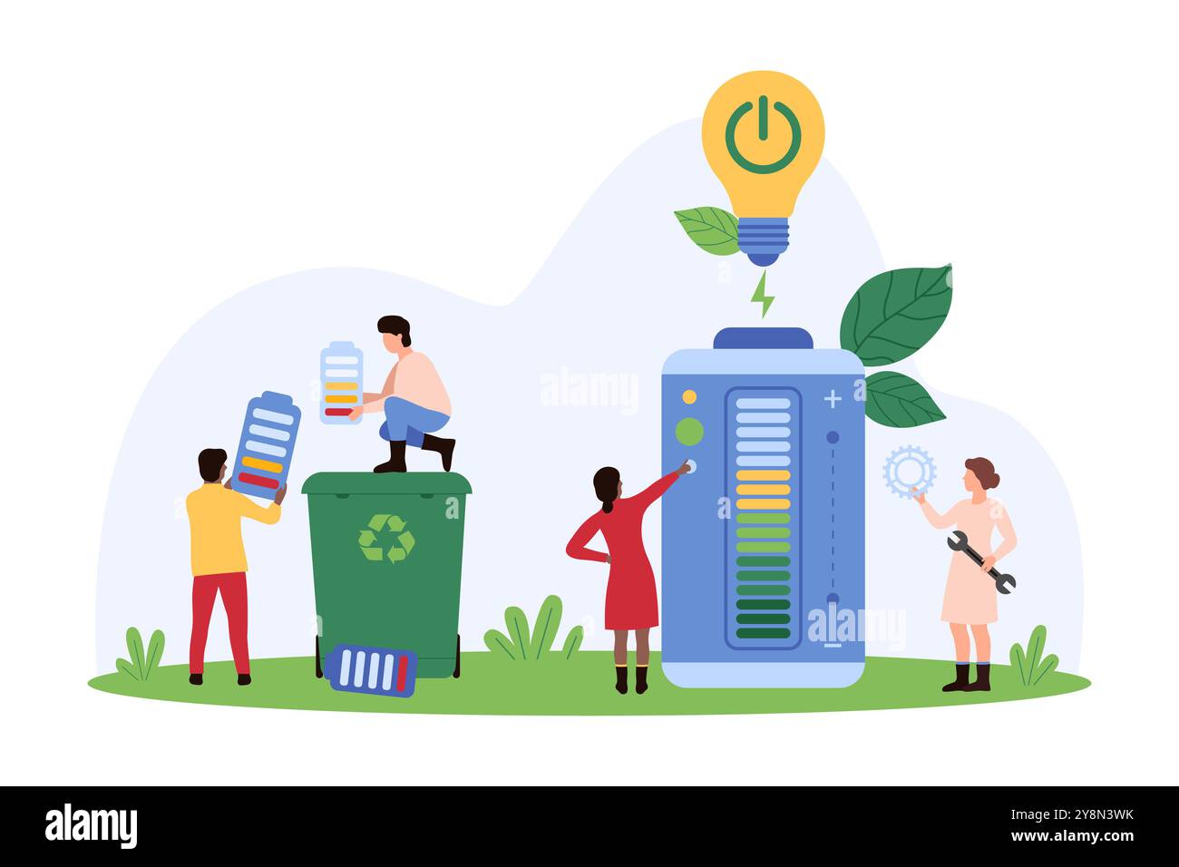 Used battery recycling for environmental protection. Tiny people throw ...