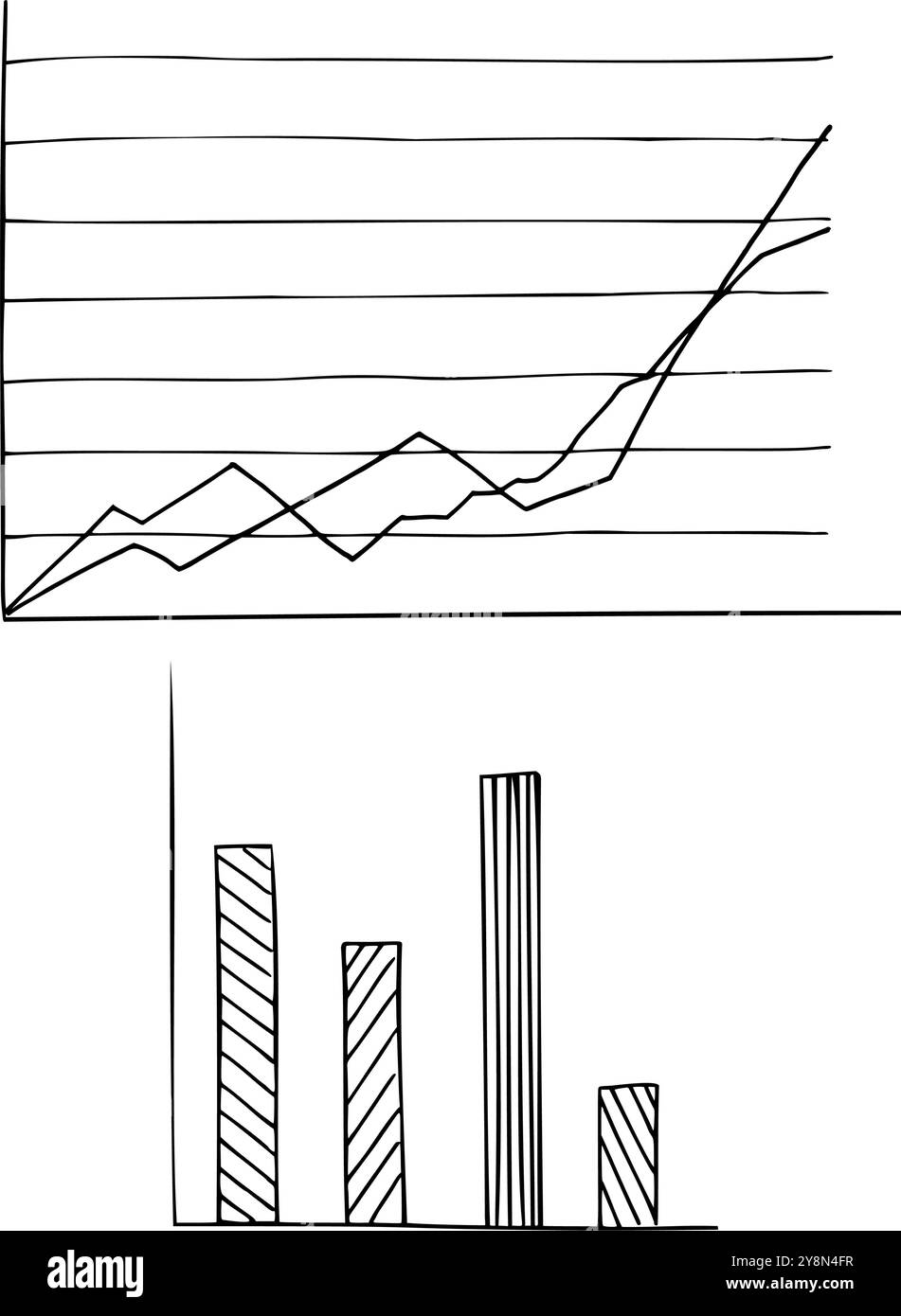 Business analytical trend line graph and infographic statistic bars histogram line art black ink ...