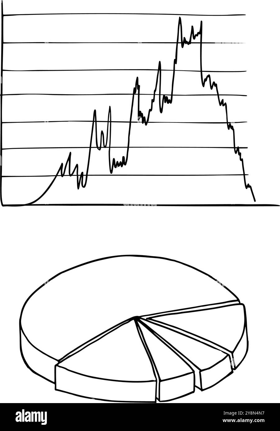 Business analytical trend line graph. Volumetric ring pie chart divided ...