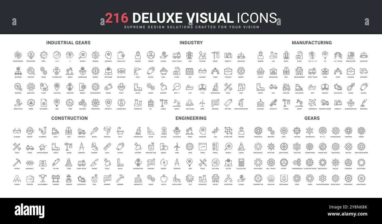 Industrial automation and engineering, manufacturing line icon set ...