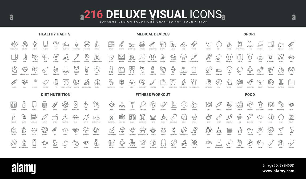 Healthy habits, fitness workout and sport, drink and food line icon set ...