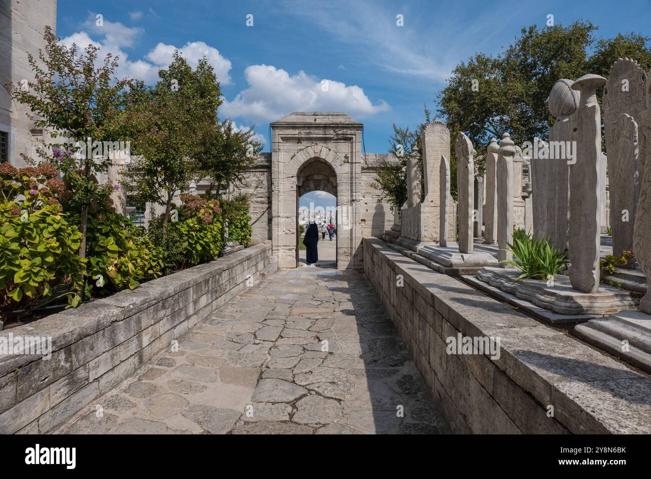 Suleyman's Mosque stone gate to Istanbul panaromic view. Silhouette ...